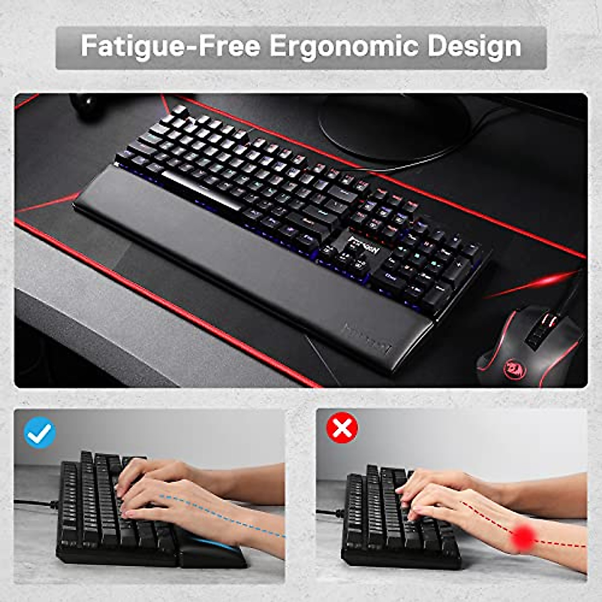 Redragon P037 Meteor L Computer Keyboard Wrist Rest Pad, Ergonomic Soft Memory Foam Wrist Support w/Anti-Slip Rubber Base, 100% 104 Keys Standard Size 17.12 x 2.87 in, 0.78 inch (20mm) Height, Black