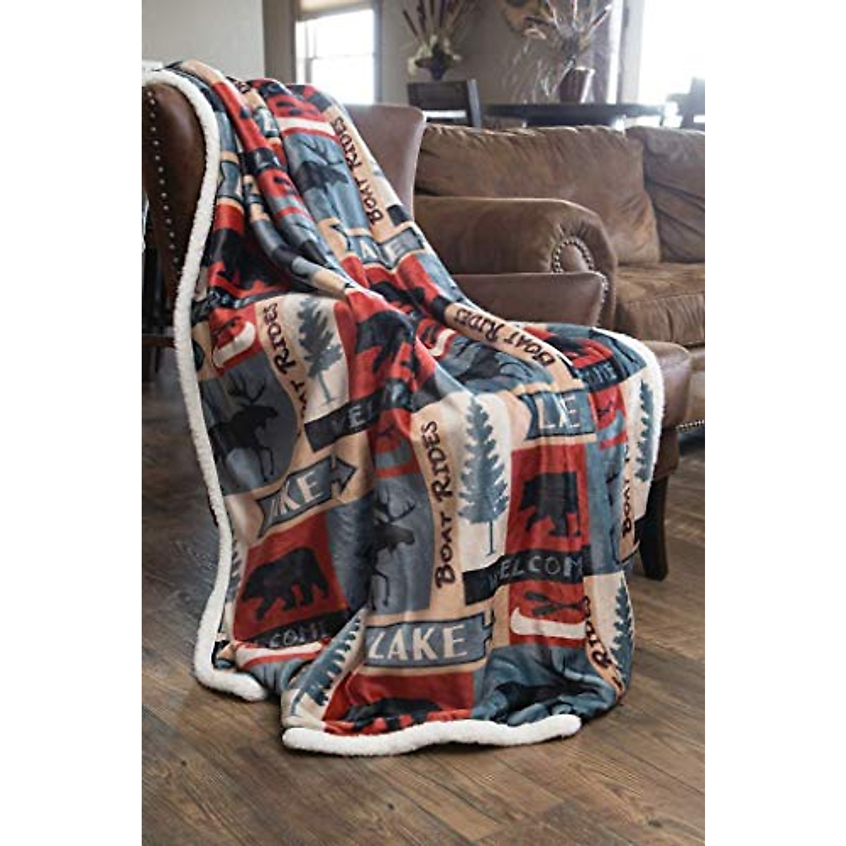 Carstens, Inc Lake House Rustic Cabin Sherpa Fleece Large Throw Blanket, 54" x 68", Blue