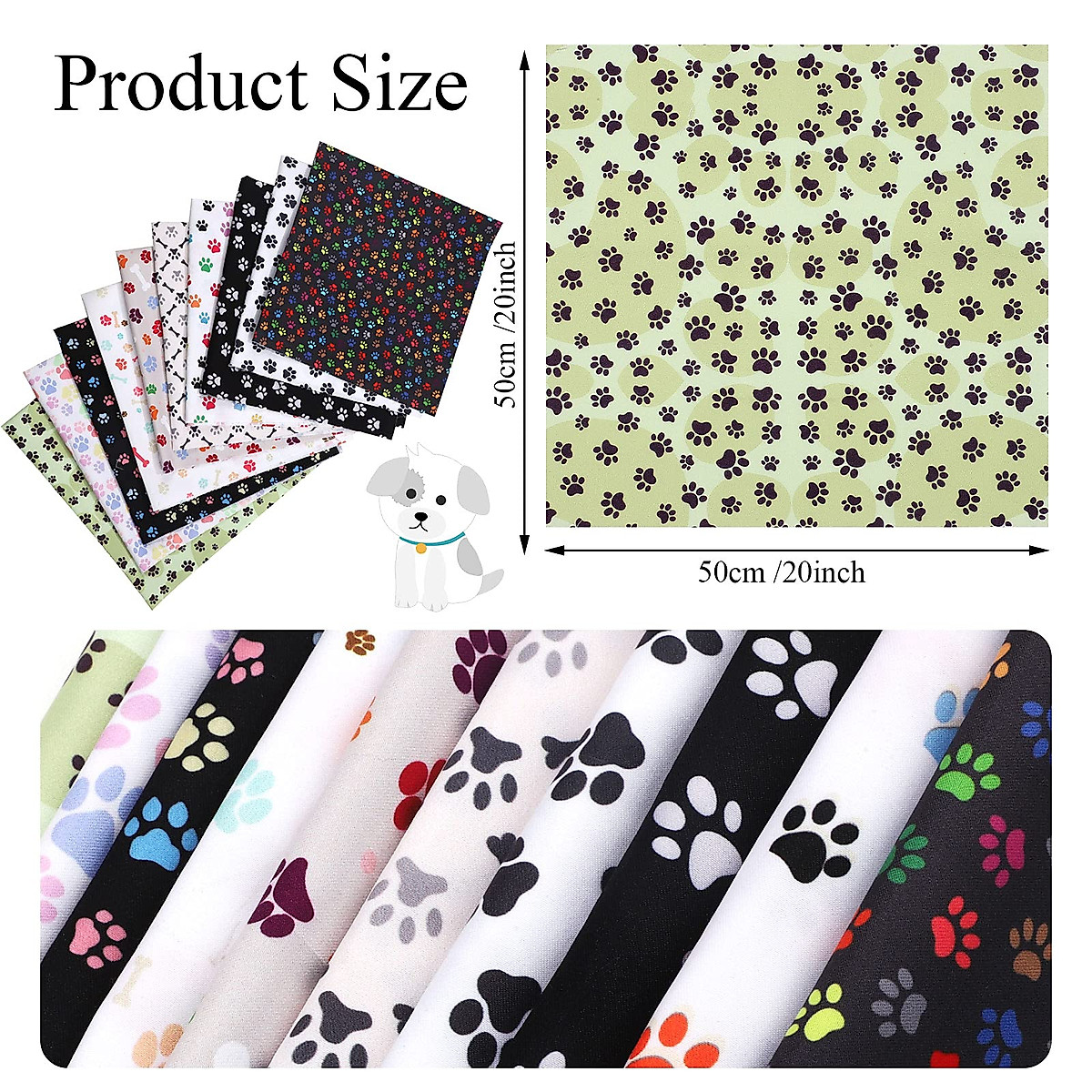 10 Pieces Paws Fabric Cute Paw Prints Squares Paw Print Fabric Fat Quarters Sewing Fabric Animal Footprint Puppy Cat Bone Printed Fabric for DIY Crafts Supplies (20 x 20 Inch)