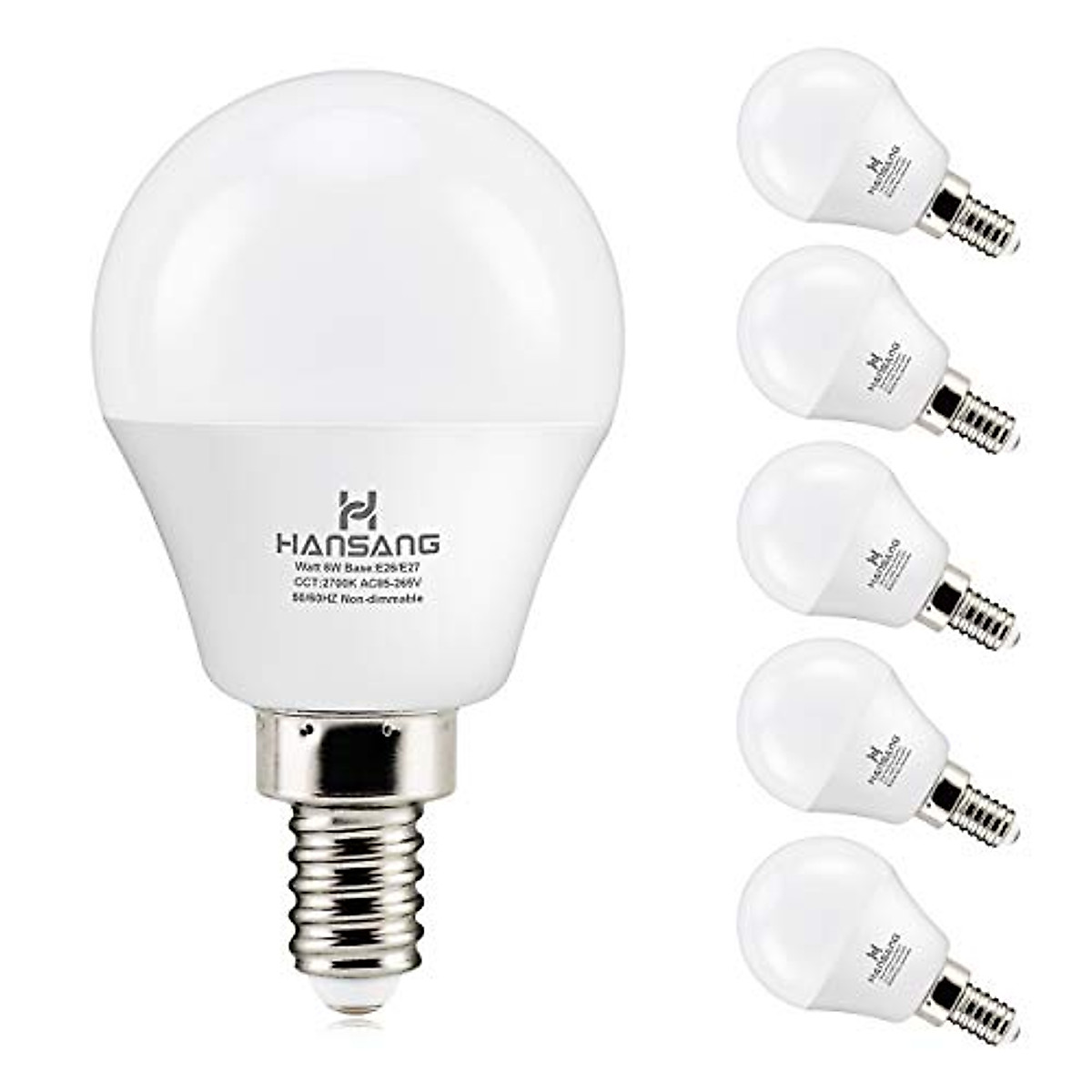 hansang 6 watt (60w Equivalent) LED Bulbs,E12 Small Base Candelabra Round Light Bulb,600 Lumen,Warm White 2700K,A15 LED Bulb Globe Shape,Non dimmable,G45 Ceiling Fan Light Bulbs (6 Pack)
