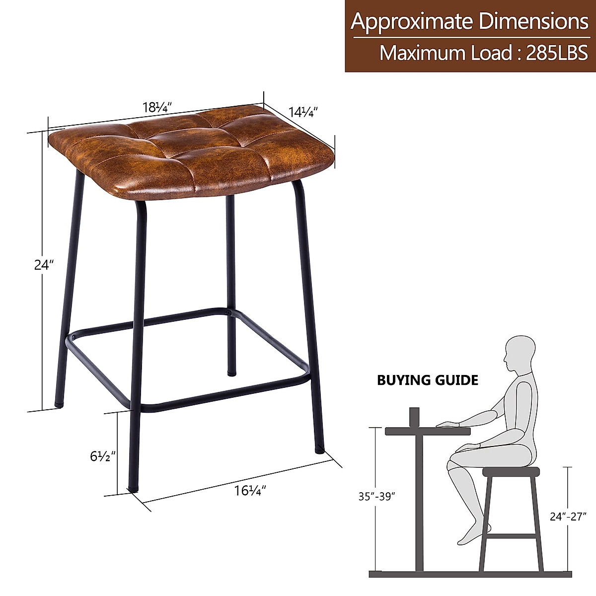 DUHOME 24” Square Tufted Counter Bar Stools Set of 2, Breathable Faux Leather Upholstered Barstool with Footrest, Backless Stool for Kitchen Counter Island Bar, YellowishBrown