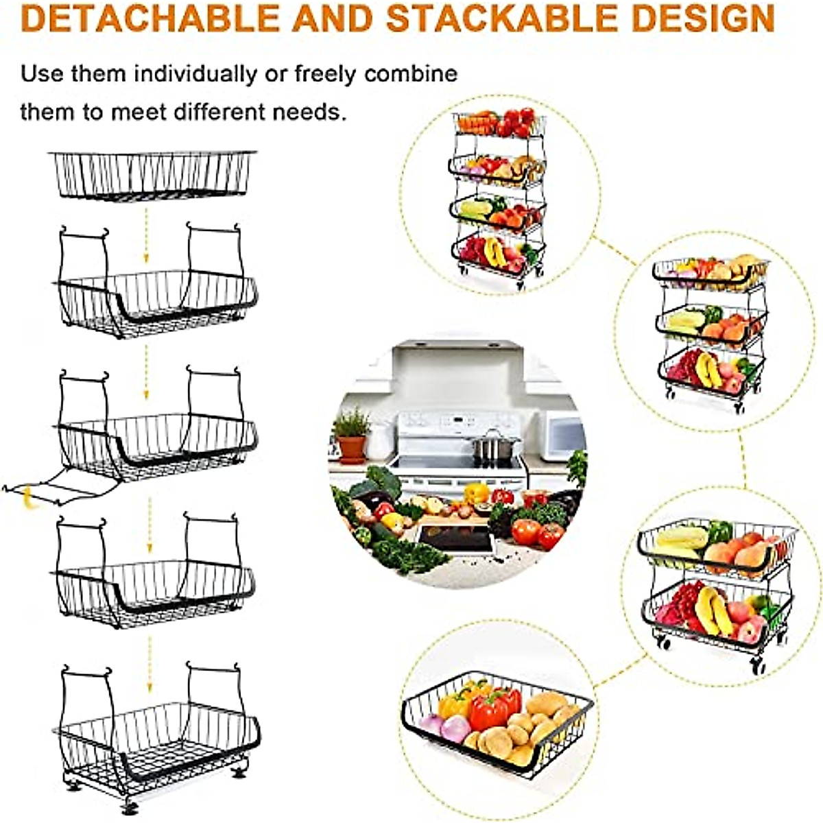 Fruit Vegetable Storage Basket with Wheels Kitchen Storage Rack 6-Tier Fruit Vegetable Stackable Floor-Standing Movable Organizer Household Storage Snack Shelf for Kitchen Living Room Dressers Stand