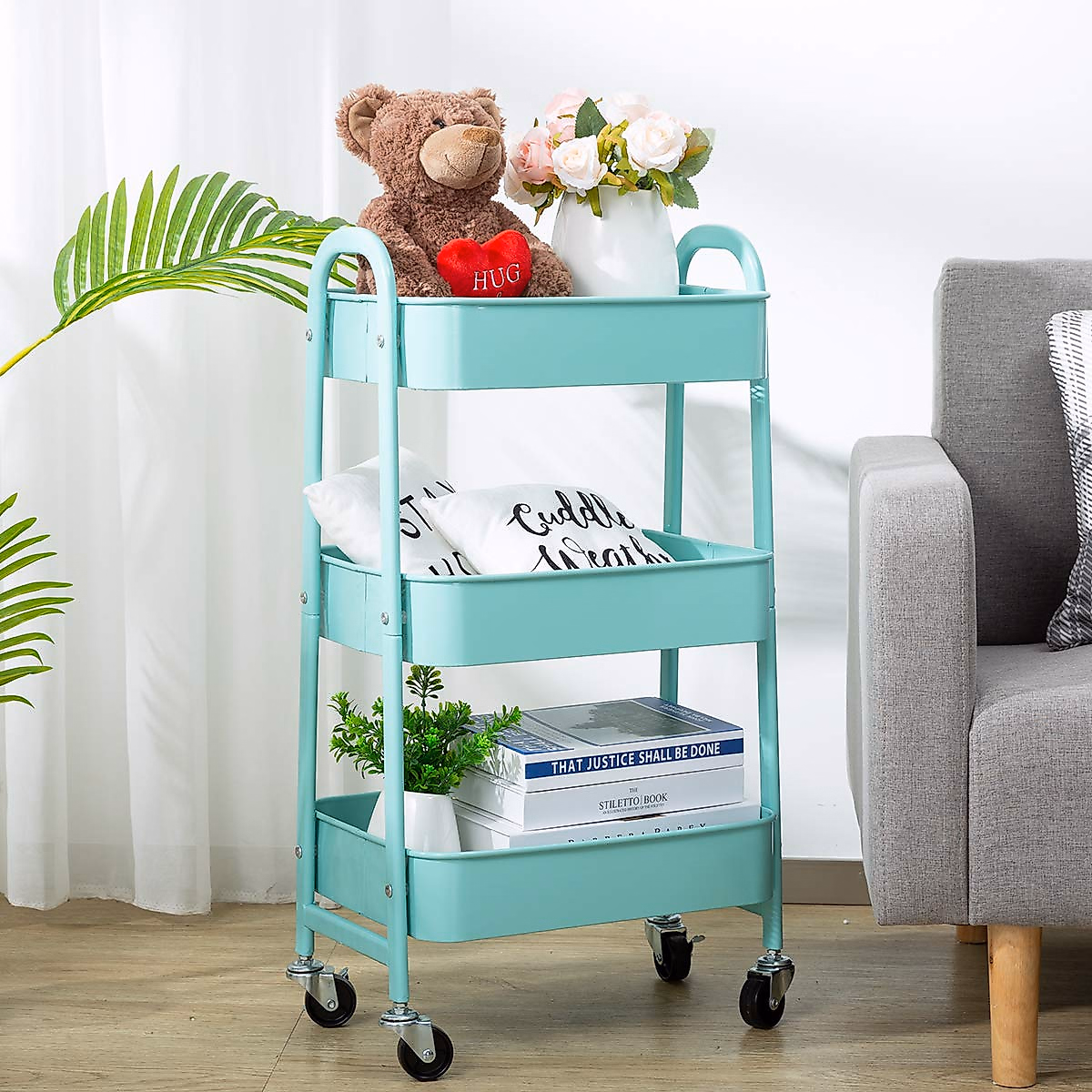 AGTEK Makeup Cart, Movable Rolling Organizer Cart, Aqua Blue 3 Tier Metal Utility Cart