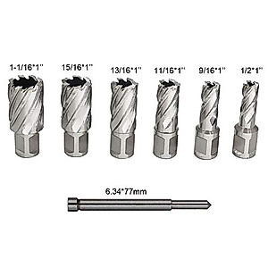 Annular Cutters Set 6pcs JESTUOUS 3/4 Inch Weldon Shank 1 Cutting Depth 1/2-1-1/16 Cutting Diameter Two Flat HSS Slugger Bits for Mag Drill Press with Pilot Pin