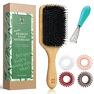 Natural Boar Bristle Hair Brush for Women, Men, Kids; Dry and Wet Detangling Hair Brush Gently Enhances Shine, Smooths Frizz and Prevents Breakage in Fine and Straight, Thick and Curly Hair (paddle)