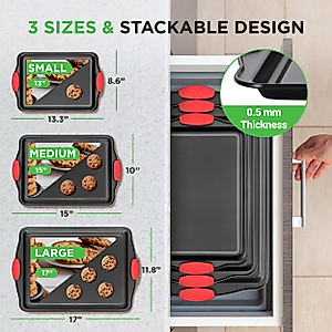 NutriChef Non-Stick Kitchen Oven Baking Pans-Deluxe & Stylish Nonstick Gray Coating Inside & Outside, Commercial Grade Restaurant Quality Metal Bakeware with Red Silicone Handles NCSBS3S, 3 Piece Set