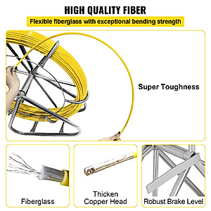 VEVOR Fish Tape Fiberglass 8MM 492FT Duct Rodder Fish Tape Continuous Fiberglass Tape Wire Cable Running with Cage and Wheel Stand