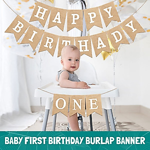 1st Birthday Party Decoration First Birthday Banner Rustic Happy Birthday Burlap Banner One High Chair Banner One Sign for First Birthday Baby Girl Boy Birthday Nursery Supplies, White Alphabet