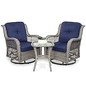 Best Choice Products 3-Piece Outdoor Wicker Patio Bistro Set w/ 2 360-Degree Swivel Rocking Chairs and Tempered Glass Top Side Table - Navy