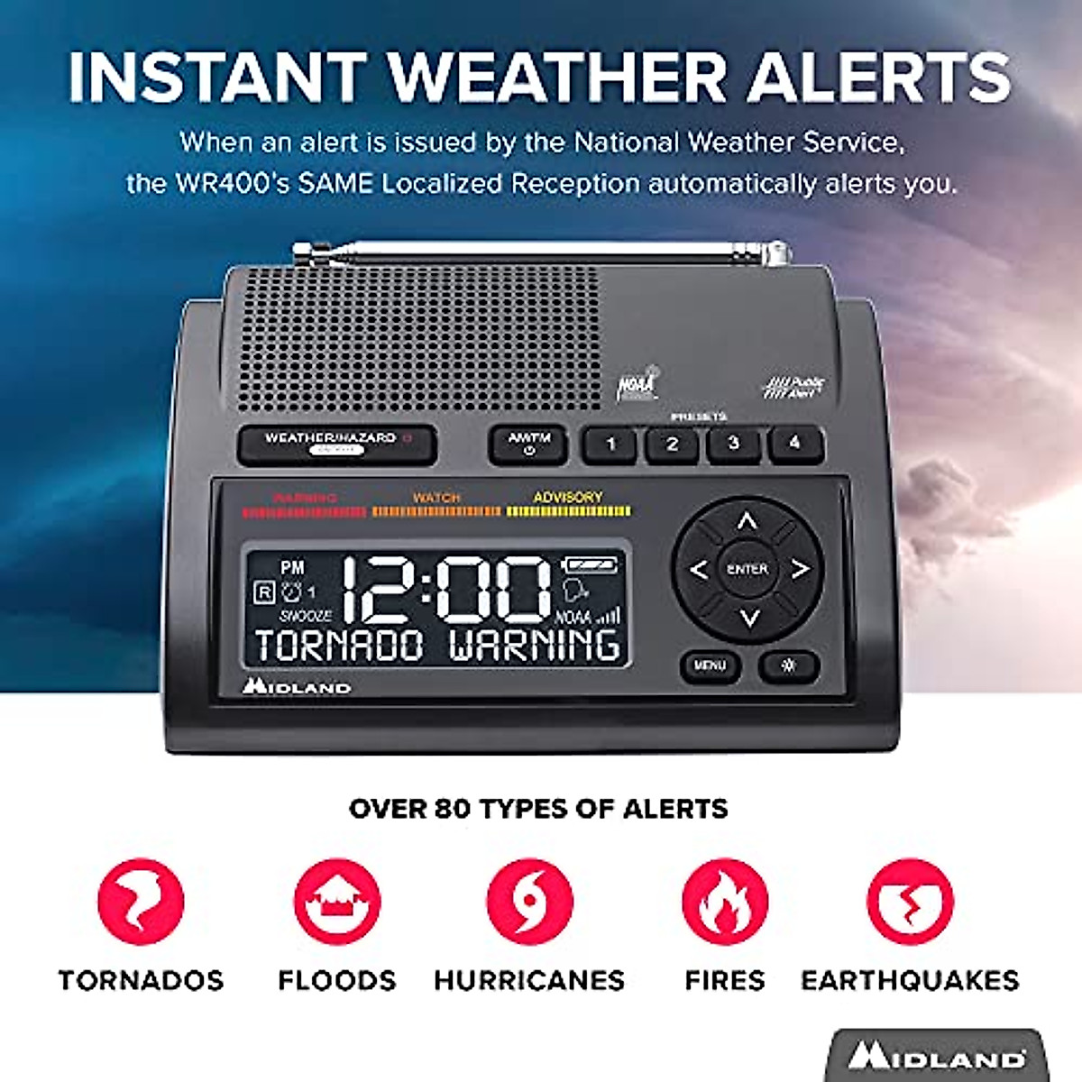 Midland - WR400, Deluxe NOAA Emergency Weather Alert Radio - S.A.M.E. Localized Programming, 80+ Emergency Alerts, & Alarm Clock w/ AM/FM Radio
