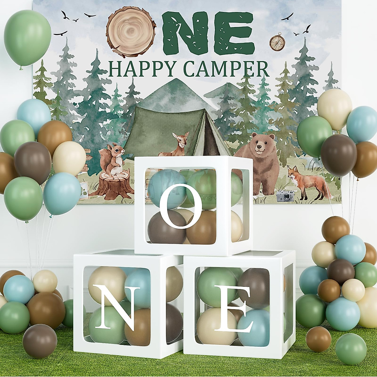 Hombae One Happy Camper Birthday Decorations, First Birthday Decorations, Camping 1st Birthday Party Decor, Green Backdrop Balloon Banner Cake Topper Crown Poster Cutout Balloon Boxes 114 PCs