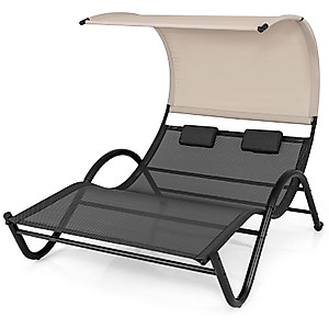 Tangkula 2 Person Lounge Chair with Canopy, Outdoor Chaise Lounge with 2 Detachable Pillows, UPF50+ Extra Large Double Patio Hammock Sunbed Chair with 2 Wheels for Backyard, Poolside
