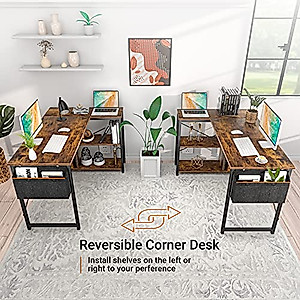 Homieasy Small L Shaped Computer Desk, 47 Inch L-Shaped Corner Desk with Reversible Storage Shelves for Home Office Workstation, Modern Simple Style Writing Desk Table with Storage Bag(Rustic Brown)