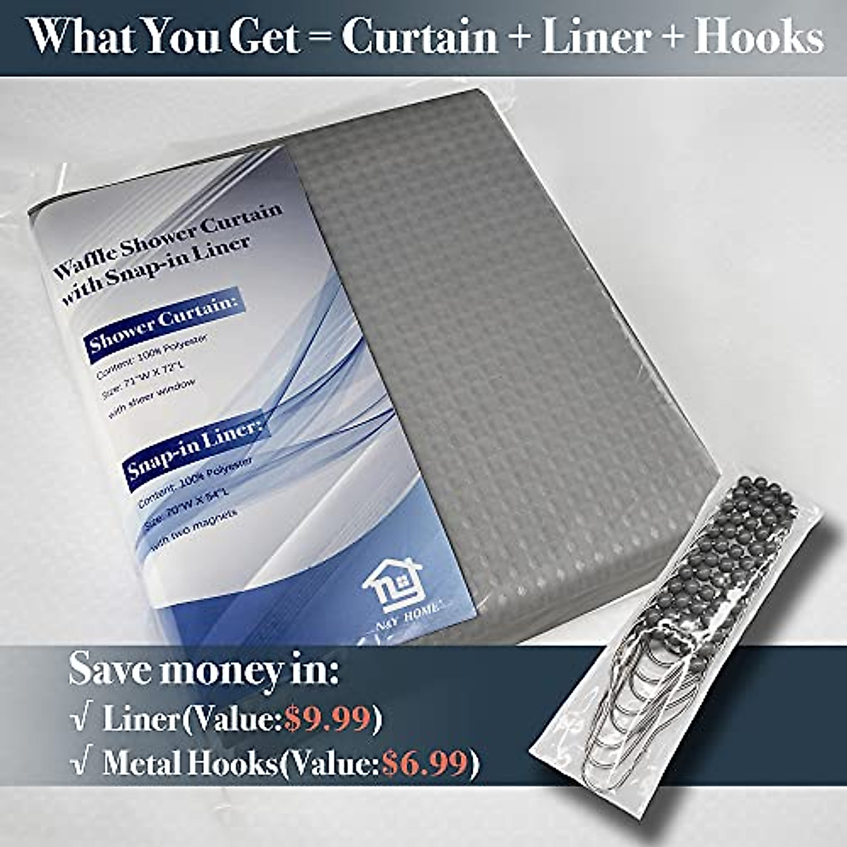 N&Y HOME Waffle Weave Shower Curtain with Snap-in Fabric Liner Set, 12 Hooks Included - Grey Shower Curtain Hotel Style, Water-Repellent & Washable, Mesh Top Window - 71x72, Gray