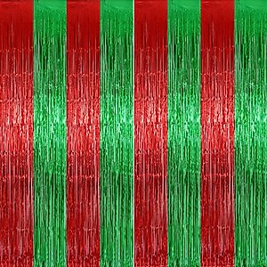 2 Pack 3.2ft x 9.8ft Christmas Metallic Foil Fringe Curtain, Red Green Tinsel Curtains Streamer Large Party Photo Booth Props Backdrops for Happy New Year Birthday Wall Door Indoor Outdoor Decorations