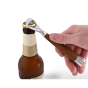 Vagabond House Modern Tribeca Collection Bottle Opener; Pewter and Teak Handles Mid Century Modern Danish Style 7 inch Long