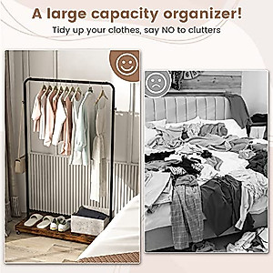 Tangkula Clothes Rack on Wheels, Industrial Pipe Style Rolling Garment Rack with Bottom Storage Shelf & 5 Hanging Hooks, Clothes Organizer with Sturdy Metal Frame for Bedroom Laundry Room