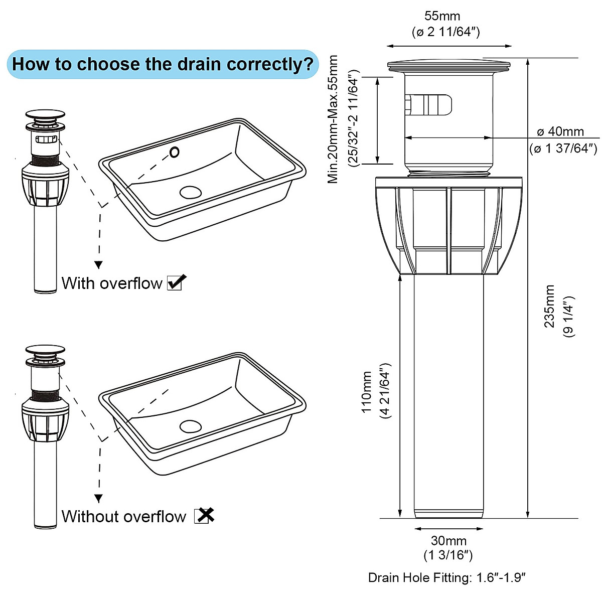 Bathroom Sink Drain, Pop Up Drain Stopper with Overflow, Lavatory Vanity Vessel Sink Drain Assembly, Matte Black