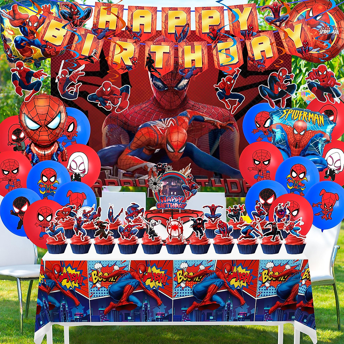 Birthday Party Supplies,Spider Theme Style Party Decorations Include Happy Birthday Banner,Backdrop,Tablecover,Cake Toppers,Cupcake Toppers,Spiral Charms and Latex Balloons Set