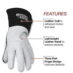 Lincoln Electric Grain Leather TIG Welding Gloves | High Dexterity | XL | K2981-XL, White/Black