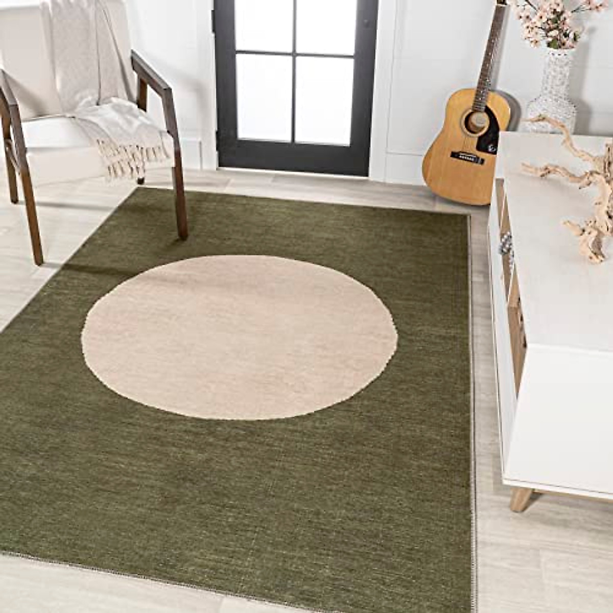 JONATHAN Y WSH113B-3 Cirkel Minimalist Geometric Dot Machine-Washable Indoor Area-Rug, Scandinavian, Modern, Bohemian Easy-Cleaning,Bedroom,Kitchen,Living Room,Non Shedding, Green/Cream, 3 X 5