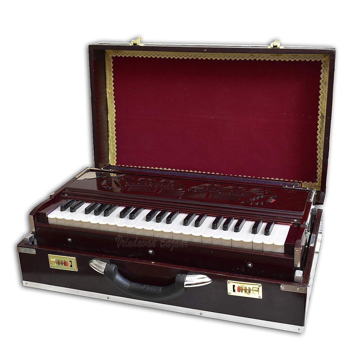 VRINDAVANBAZAAR.COM Deluxe Portable Harmonium, Dark Mahogany, 2 Reeds, 3.5 octaves