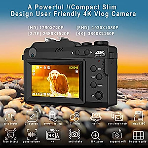 Vlogging Camera, 4K 48MP Digital Camera with WiFi, Free 32G TF Card & Hand Strap, Auto Focus & Anti-Shake, Built-in 7 Color Filters, Face Detect, 3'' IPS Screen, 140°Wide Angle, 18X Digital Zoom