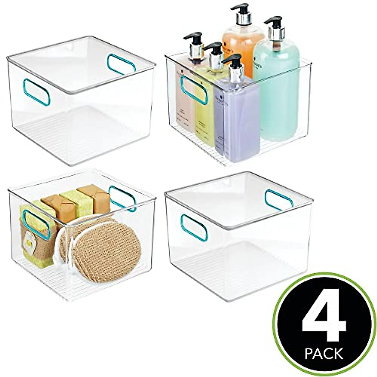 mDesign Plastic Storage Bin with Handles for Organizing Hand Soaps, Body Wash, Shampoos, Lotion, Conditioners, Hand Towels, Hair Accessories, Body Spray, Mouthwash - 8" Square, 4 Pack - Clear/Blue