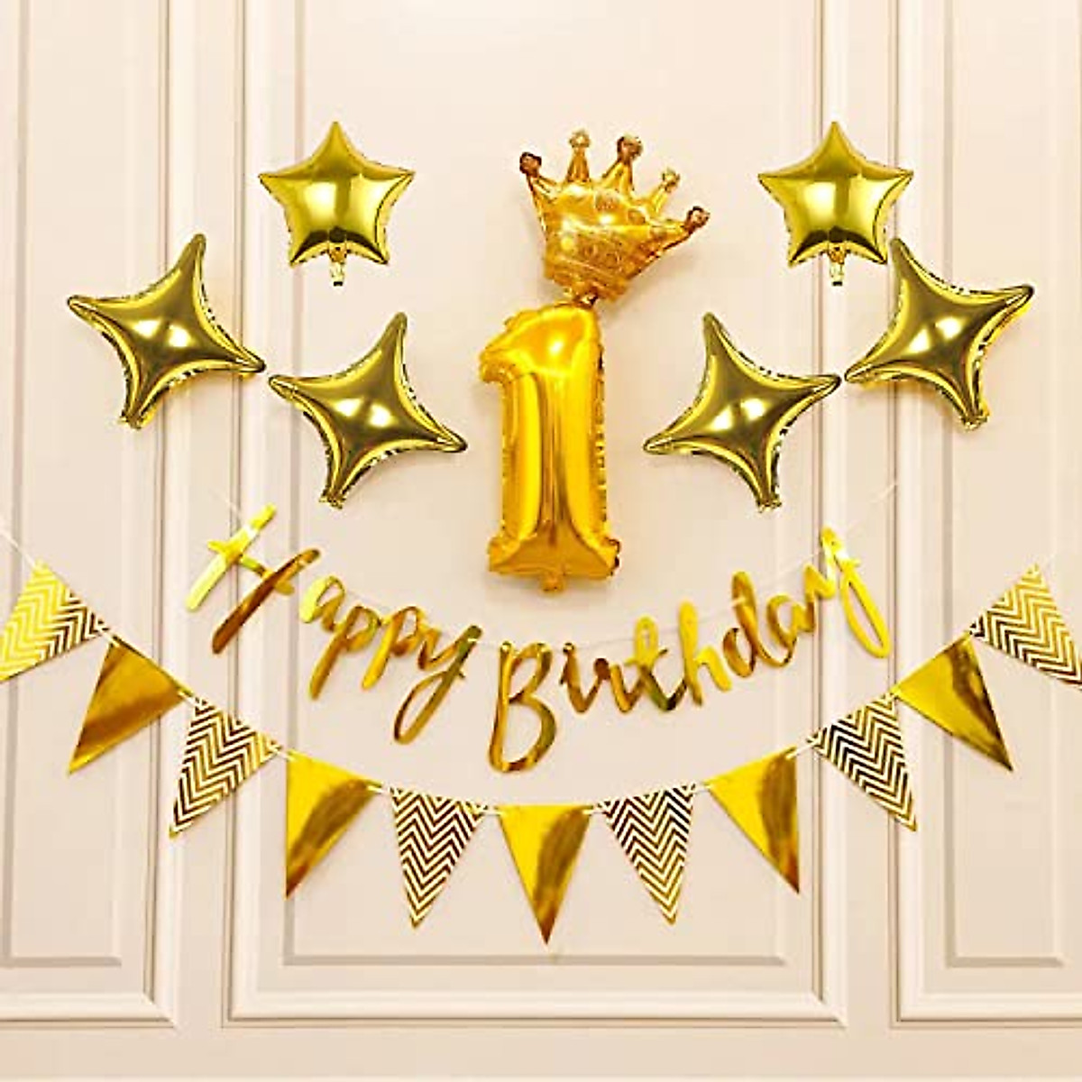 WEIKA 1st Birthday Decorations First Birthday Party Kit 32 Inch Number 1 Balloon 3D Letters Happy Birthday Banner Crown Foil Balloon Star Aluminum Ballons For Baby Shower Boys Girls Birthday(Gold)