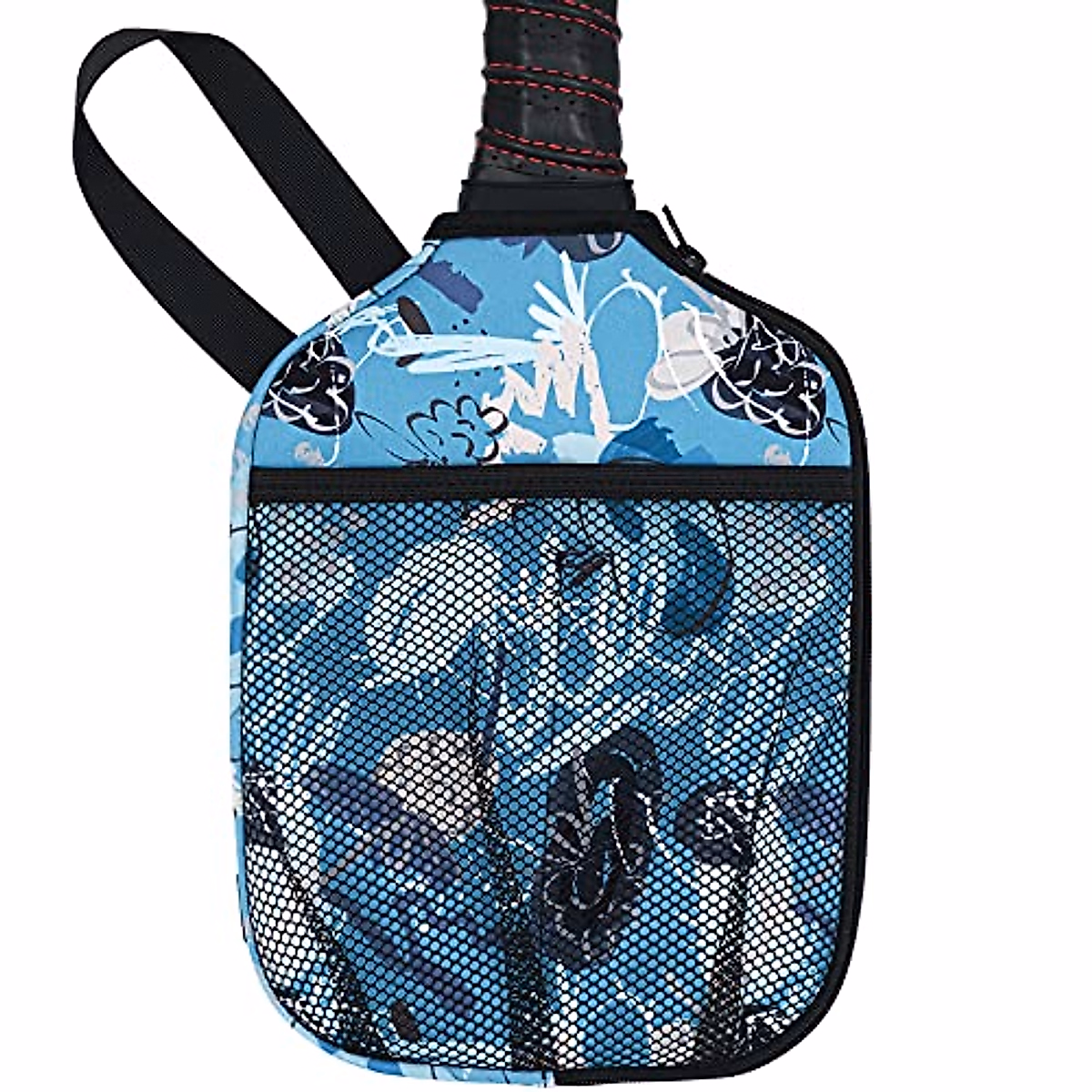 Neoprene Pickleball Paddle Cover Pickleball Racket Sleeve with Inner Pockets and Handle Strap Pickleball Paddle Cover Ball Holder Organizer Bag (Blue art print)