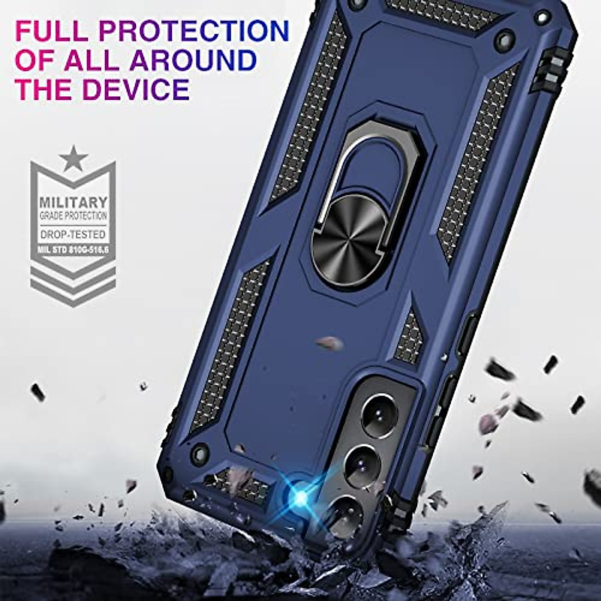 Vaki for Samsung Galaxy S22 5G Case with Built in Screen Protector Military Grade Hard Rugged Cover Heavy Duty Armor Galaxy S22 Phone Cases with Metal Ring Kickstand Shockproof Blue