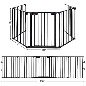 Costzon Baby Safety Gate, 121 Inch Length 5 Panel Adjustable Wide Fireplace Fence, BBQ Metal Fire Screen Gate, Pet Isolation Fence with Walk-Through Door, Freestanding Pets Gate (Black, 5-Panel)
