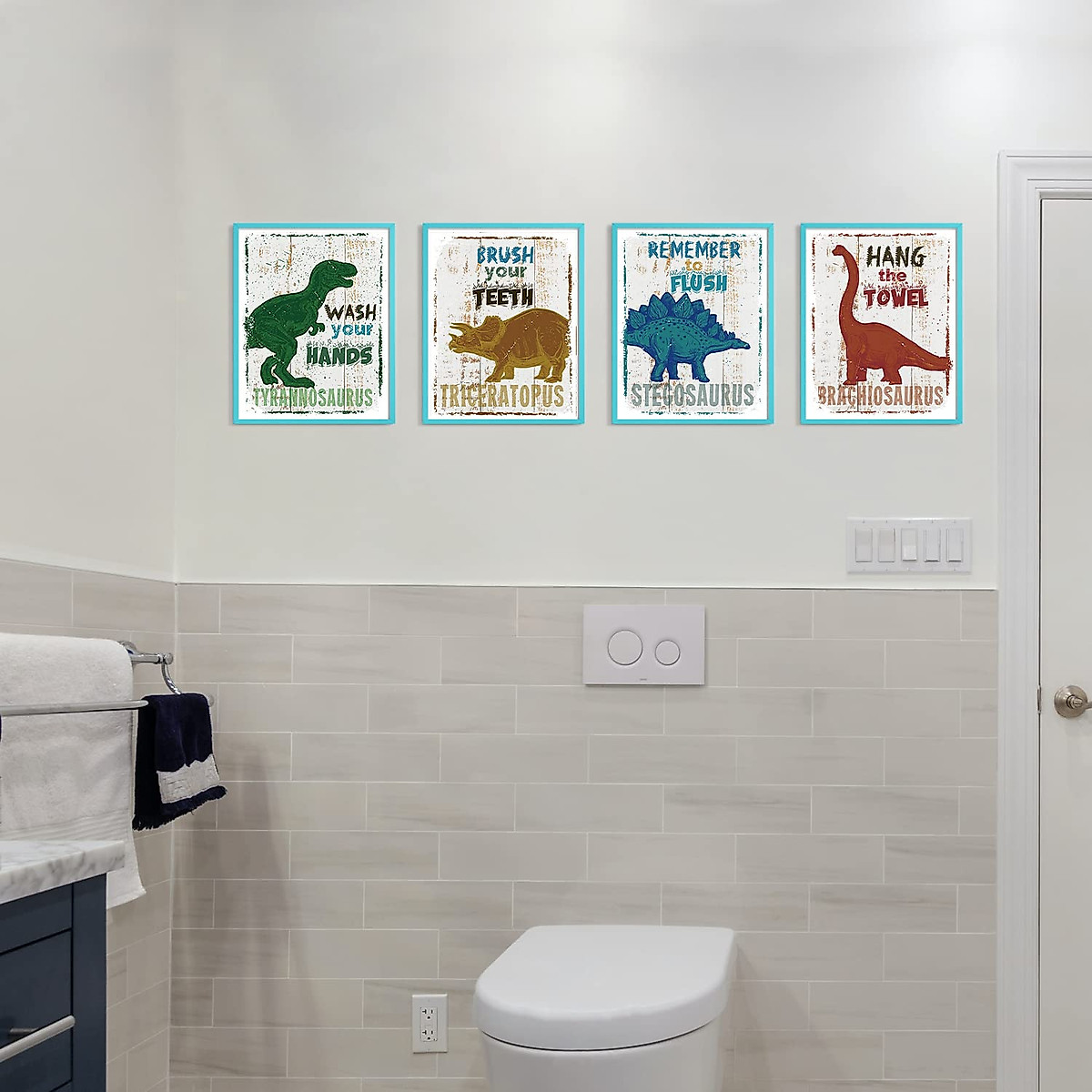 Dinosaur Room Decor for Boys Posters, Dinosaur Wall Decor Prints, Motivational Quote Room Decor, Dinosaur Photo Pictures for Kids Boys Nursery Bedroom Decorations(4 Pcs 8” X10”) (Bathroom)