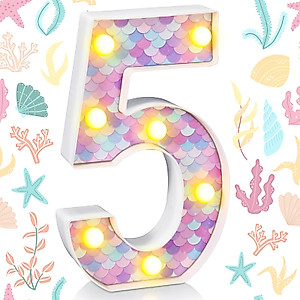 Glooglitter Mermaid Birthday Party Decoration, Decorative LED Glowing Numbers Mermaid Theme Marquee Digital Lights Table Centerpiece for Kids Under The Sea Birthday Baby Shower Party Decoration(5)