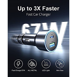 BYEASY USB Car Charger, 67W Dual Port Fast Type C Charging Adapter, PD3.0 QC4.0 Power Output Charger, Car Cigarette Lighter Plug for MacBook, Laptop, iPhone 14/13, Samsung S22/S21, iPad Pro More