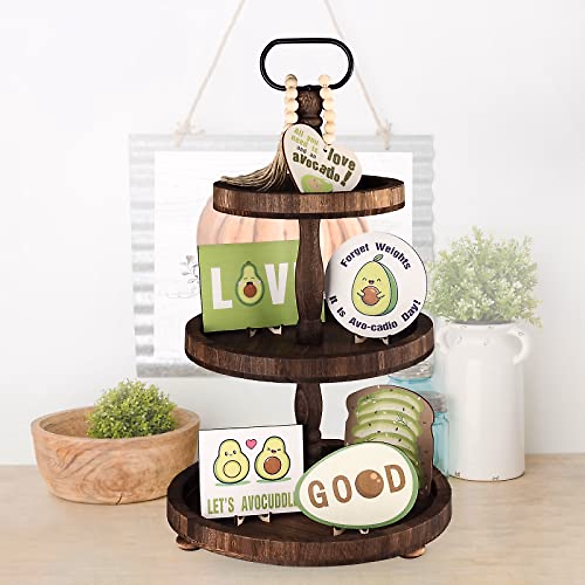 Creatart Wooden 3 Tiered Tray Stand with 8 Pieces Summer Avocado Tiered Tray Decor Set Round Wood Tiered Serving Tray for Food Kitchen Table Centerpieces Decorative Tray (Avocado)