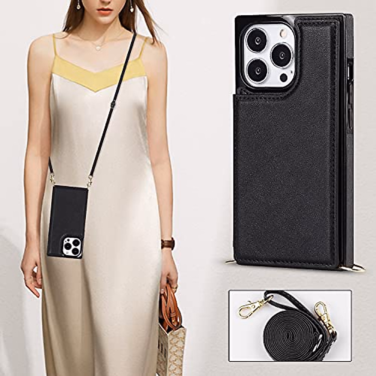 DEFBSC Compatible with iPhone 14 Pro Case, Crossbody Wallet Case, Adjustable Detachable Lanyard Neck Strap with Kickstand Leather Card Holder Protective Cover-Black