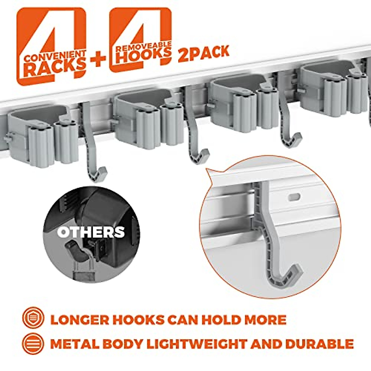 Nipoko Broom Holder Wall Mount, 2Pack Mop Broom Organizer Garden Tool Organizer- Kitchen, Closet, Garage & Laundry Room Storage, Grey