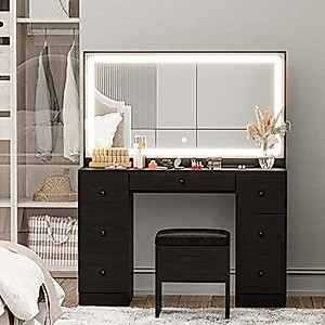IRONCK Vanity Desk Set with LED Lighted Mirror & Power Outlet, 7 Drawers Makeup Vanities Dressing Table with Stool, for Bedroom, Black
