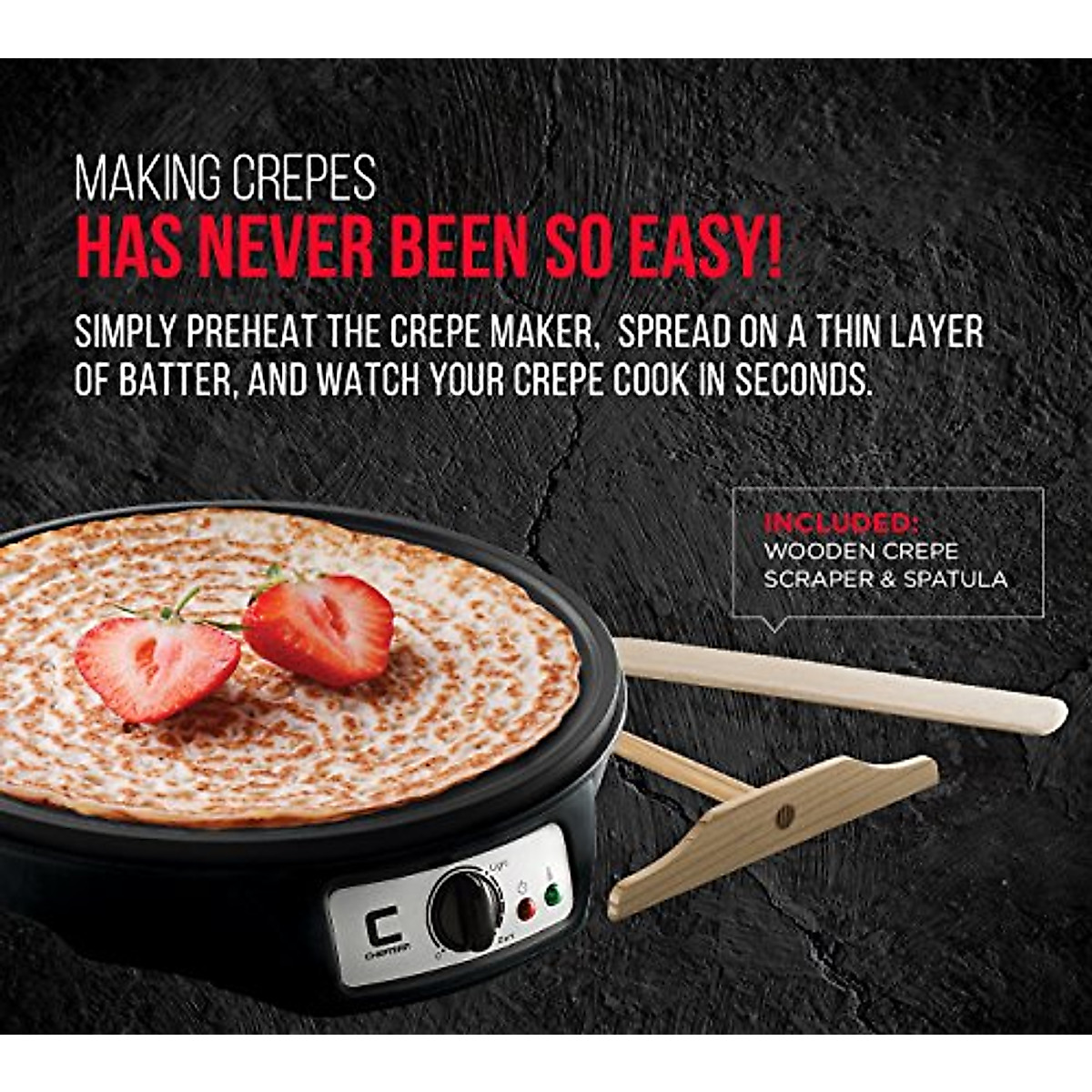 CHEFMAN Electric Crepe Maker: Precise Temp Control, 12" Non-Stick Griddle, Perfect for Crepes, Tortillas, Blintzes, Pancakes, Waffles, Eggs, Bacon, Batter Spreader & Spatula Included, Black