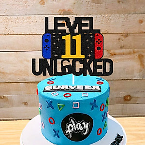 Level 11th Unlocked Sign Cake Topper Happy 11th Birthday Level Up Eleventh Cake Decorations for Video Game Controller Themed Kids Boy Girl Bday Party Supplies Double Sided