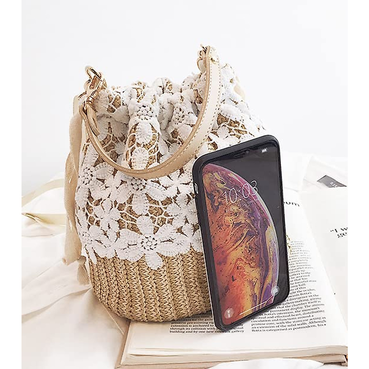 Straw Bag Beach Bag Small Tote Bag Shoulder Bag Flower Lace Handbag Satchel Crossbody Bag Purses 2023