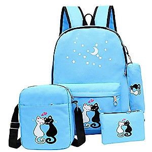 4Pcs Cute Cat Prints Canvas Primary School Bag Rucksack Backpack Set for Girls Elementary Bookbag