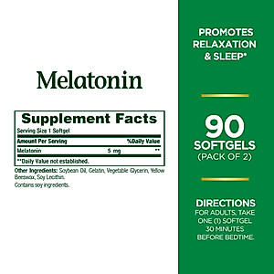 Nature's Bounty Melatonin, 100% Drug Free Sleep Aid, Dietary Supplement, Promotes Relaxation and Sleep Health, 5mg, 90 Softgels (Pack of 2)
