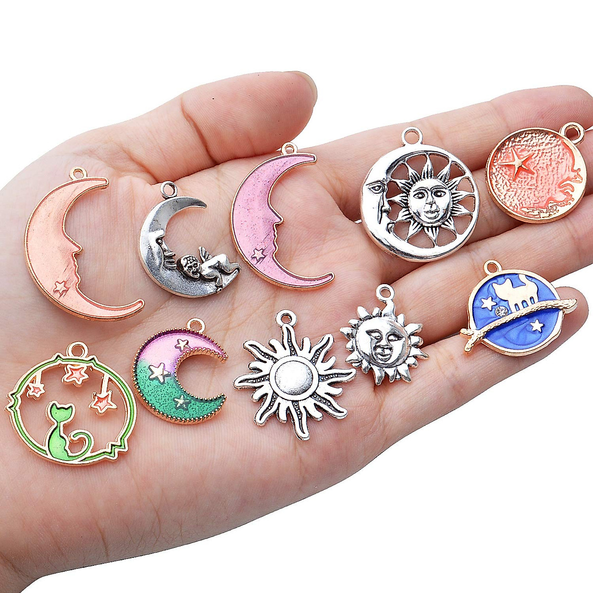 120pcs Celestial Charms Pendants, Mixed Antique Silver Sun Stars Moon Charm Pendant,Enamel Moon Star Cat Charms Pendants for DIY Earrings Necklace Jewelry Making Crafts