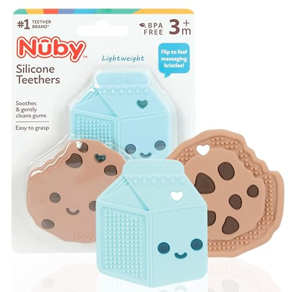 Nuby All Silicone Chocolate Chip Cookie & Milk Carton Teether – 2 Pack, 3+ Months