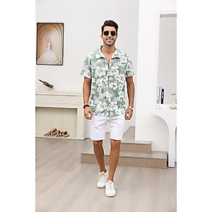 Men's Novelty Hawaiian Floral Shirt Summer Casual Button Down Tropical Holiday Beach Shirts Green