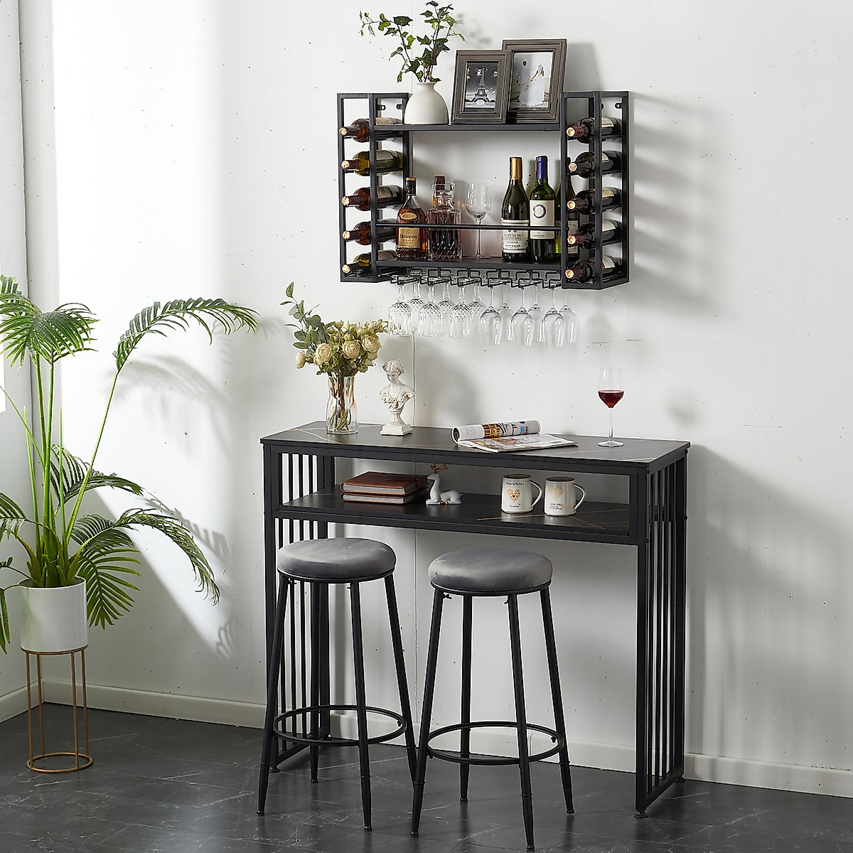 GOLASON Wall Mounted Wine Rack with Glass Holder, Metal Bottle Holder Wine Storage Display Rack for Home Bar Dining Room Kitchen (31.5 Inch, Black)