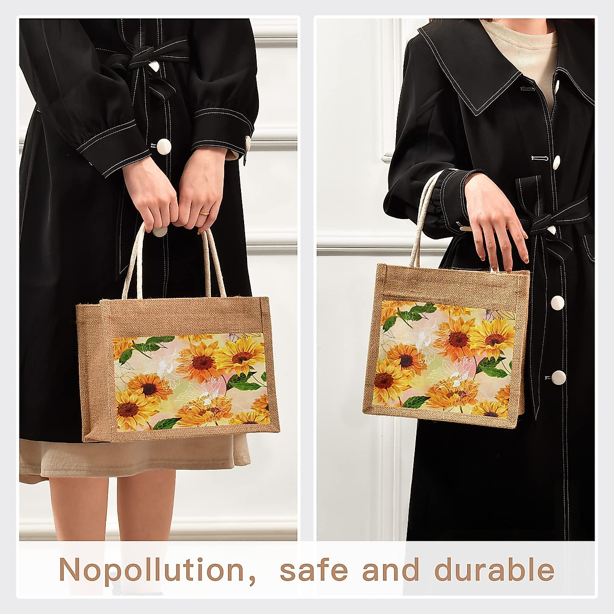 Aslsiy Jute Tote Bags,Yellow Sunflower Grocery Shopping Bags, Reusable Burlap Straw Beach Bag with Handles Zipper for DIY Art Crafts, Decoration, Printing 17"