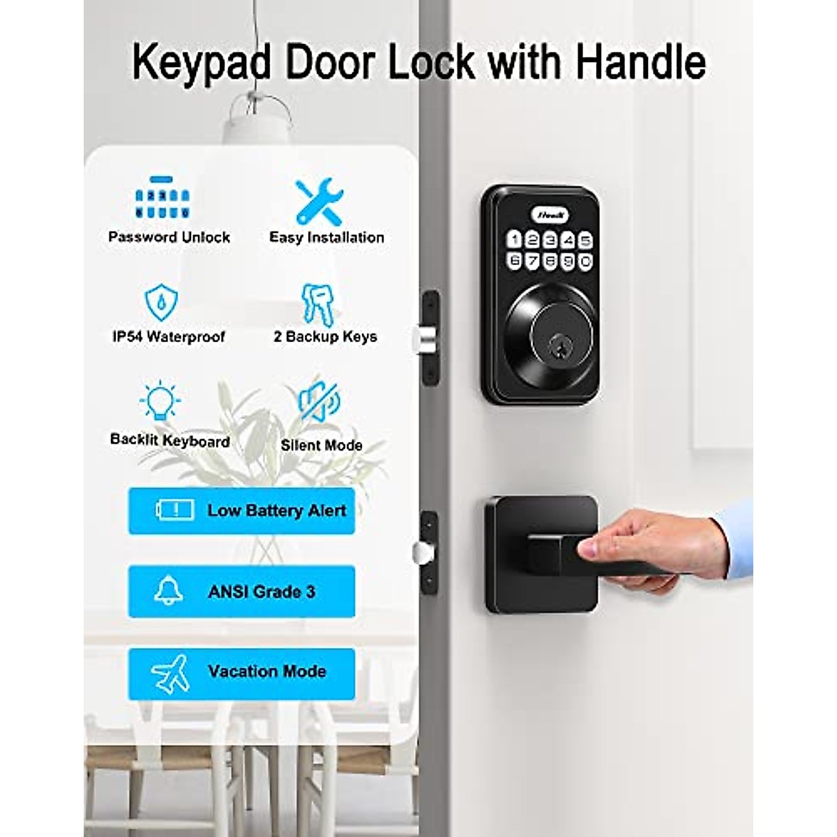 Keyless Entry Door Lock with 2 Handles, Zowill Electronic Keypad Deadbolt, Auto-Locking, Anti-Peeping Password, Digital Smart Code Door Lock, Front Door Handle Sets, Matte Black